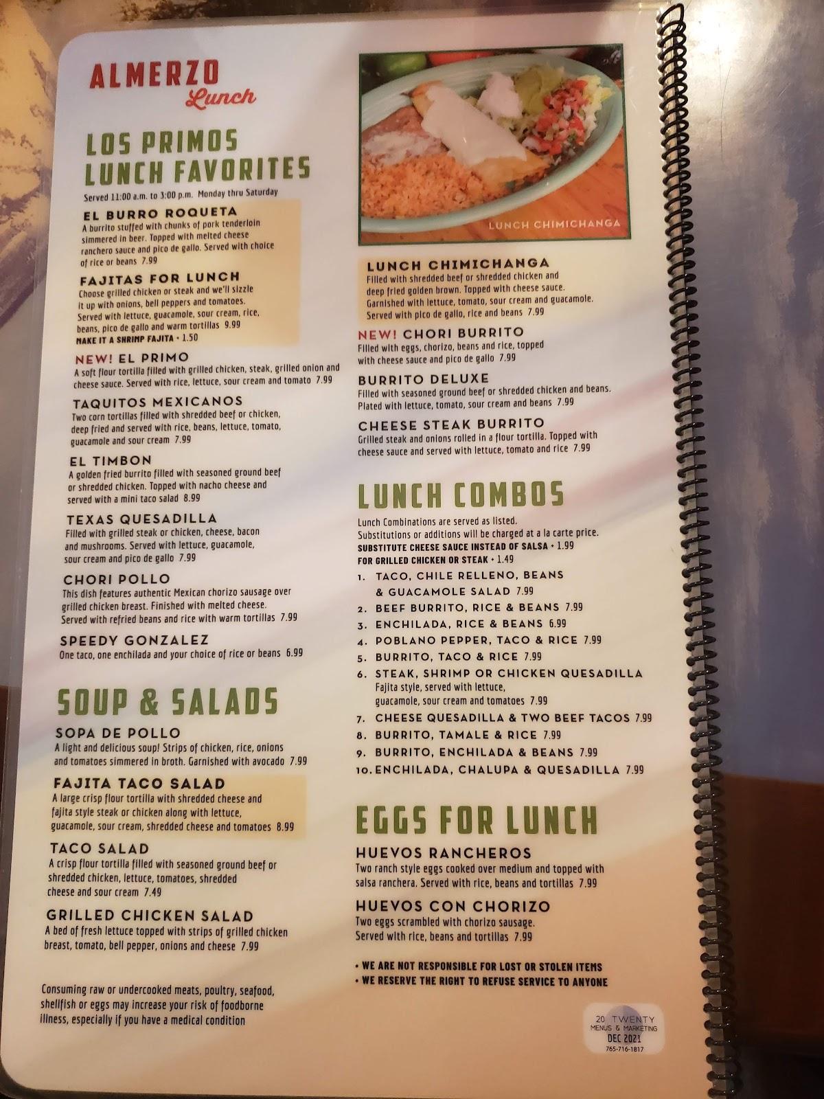 Menu at Los Primos Mexican restaurant, Hidden Valley