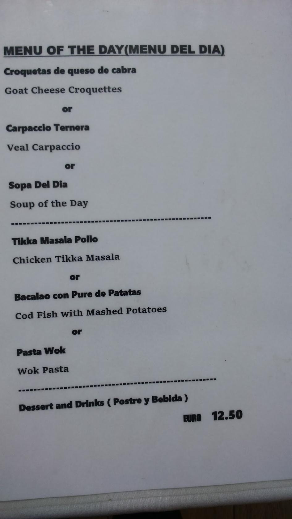 Menu at Sunrise restaurant, L'Albir