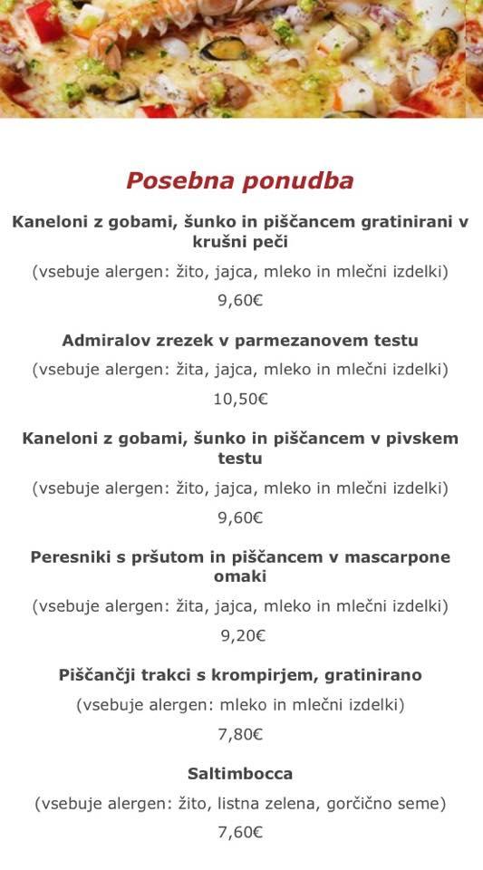 Menu at Al Capone restaurant, Ljubljana