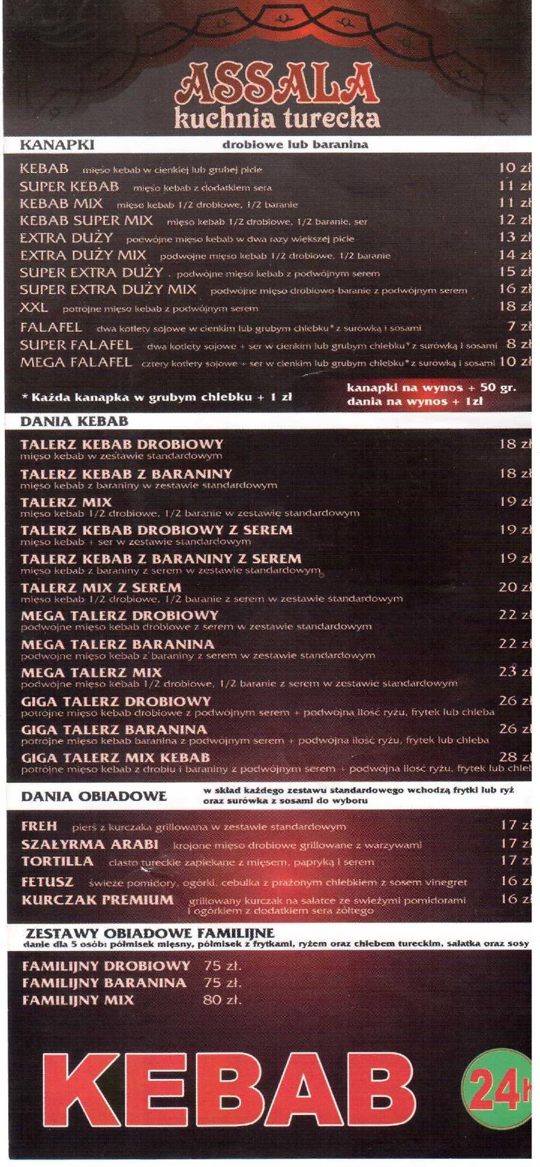 Carta del restaurante Assala kebab Zakroczym, Zakroczym