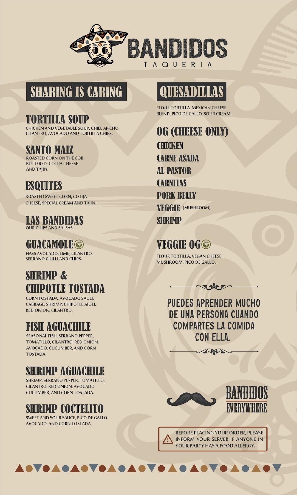 Menu at Bandidos Taqueria restaurant, Doral