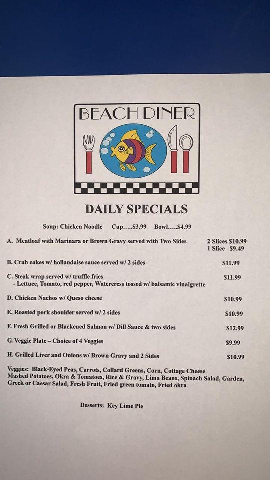 Menu at Beach Diner Mandarin cafe, Jacksonville, San Jose Blvd