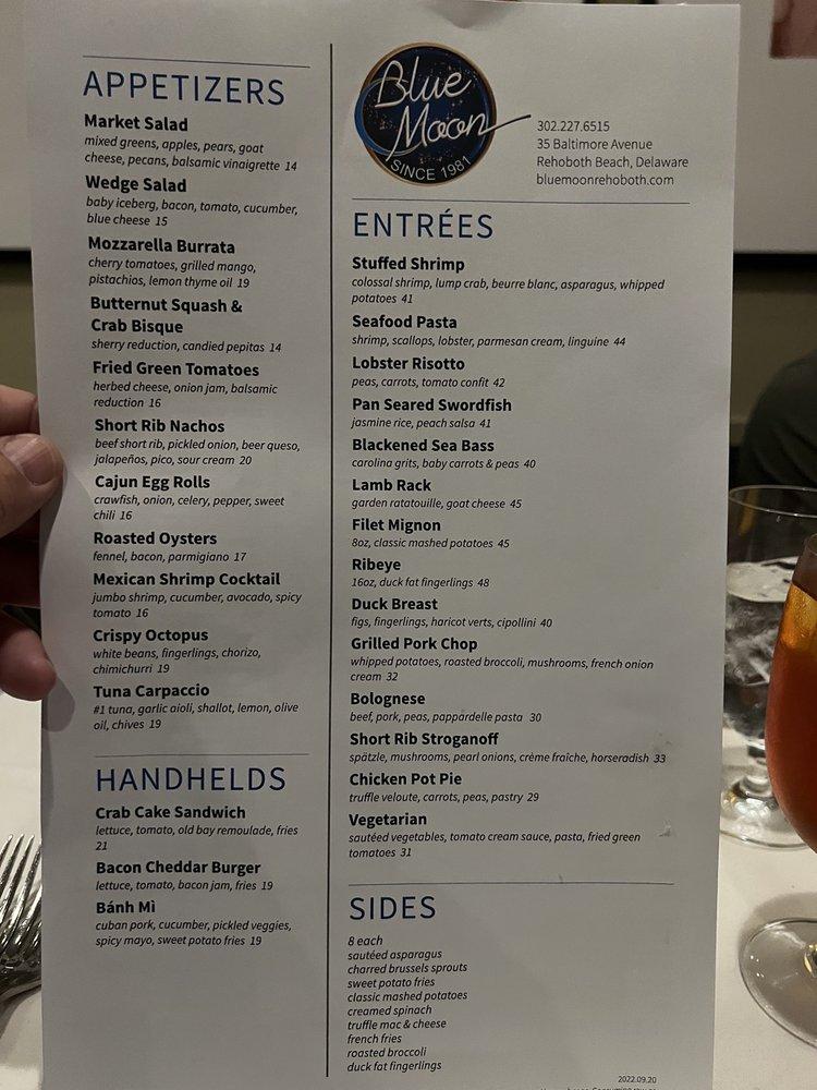 Menu at Blue Moon pub & bar, Rehoboth Beach, 35 Baltimore Ave