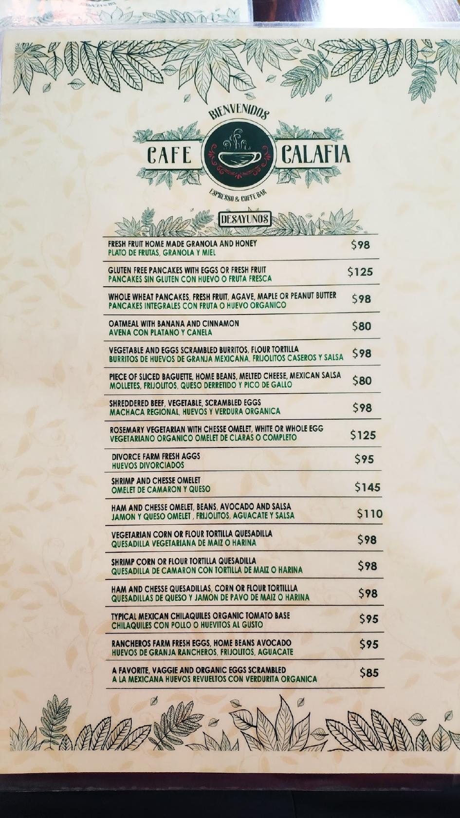 Menu at Café Calafia, San José del Cabo