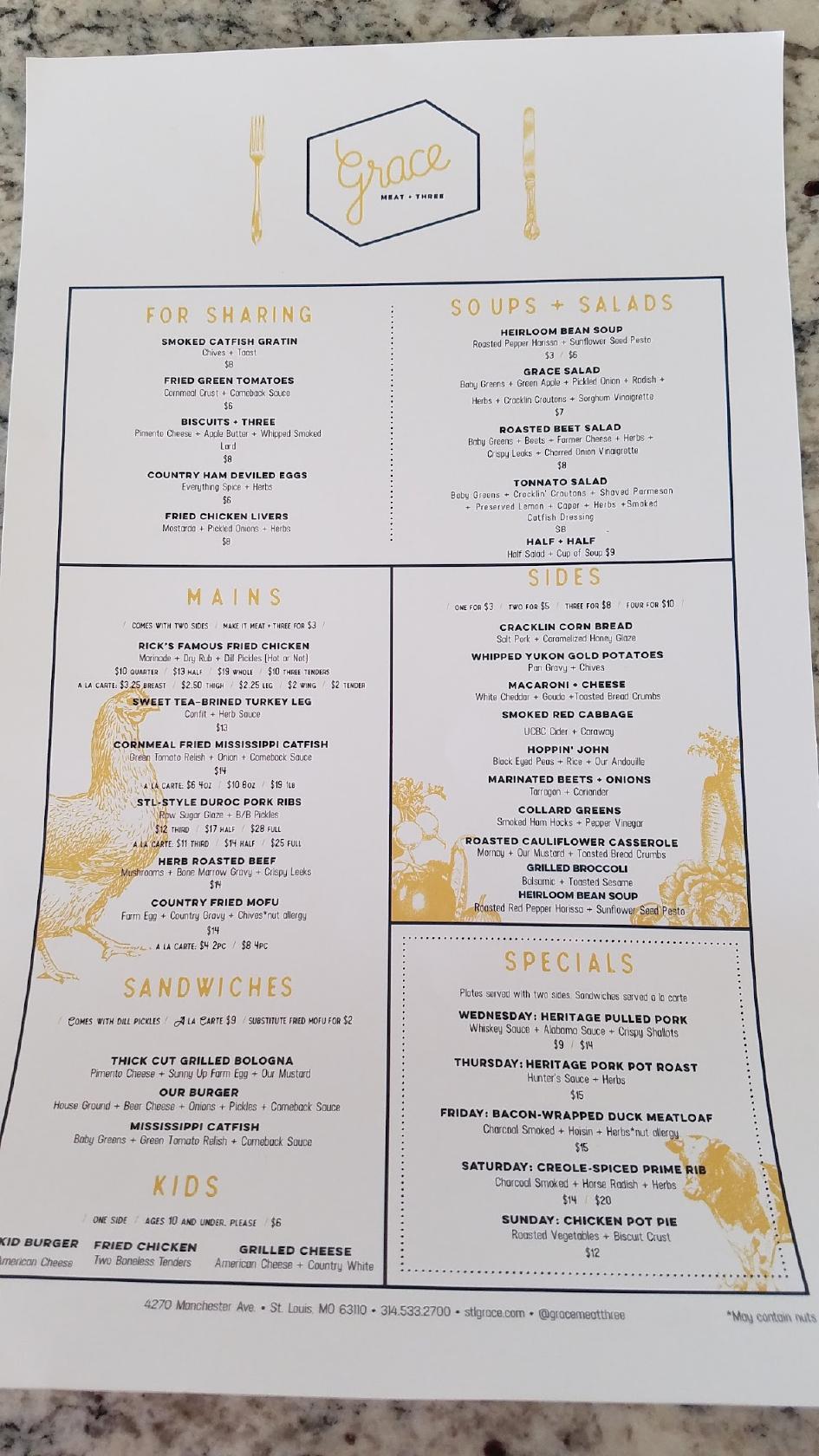 Menu at Grace Meat + Three restaurant, St. Louis