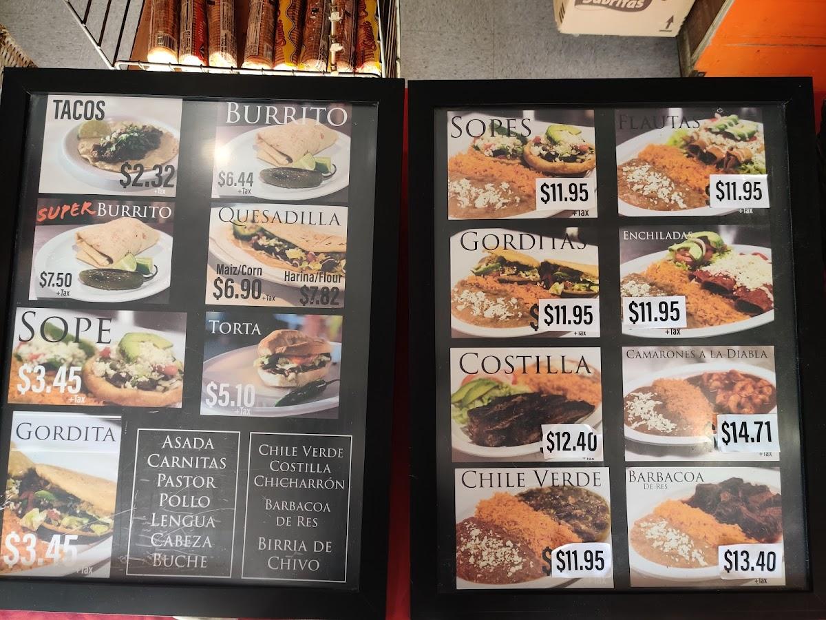 Menu at El Nopalito restaurant, Soledad