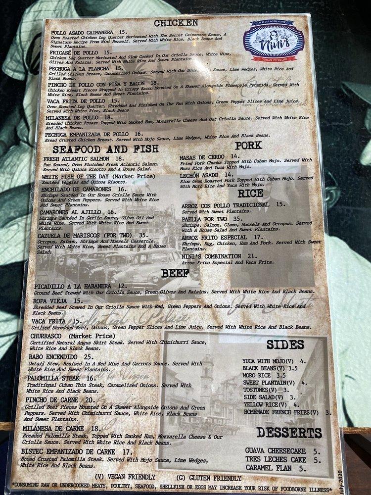 Menu at Nini's Cuban Cuisine restaurant, Indialantic