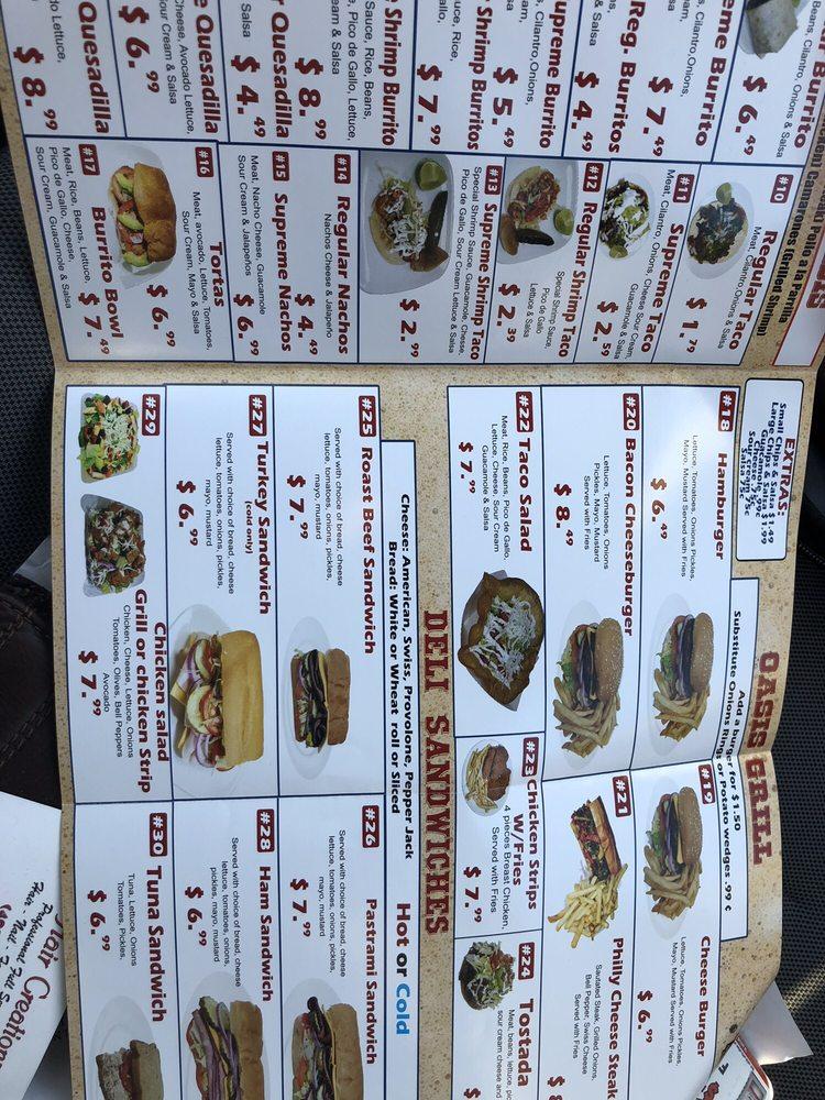 Menu at Oasis Taqueria restaurant, Manteca