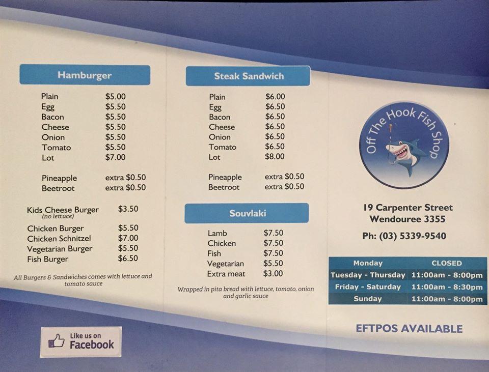 Menu at Off The Hook Fish Shop restaurant, Wendouree