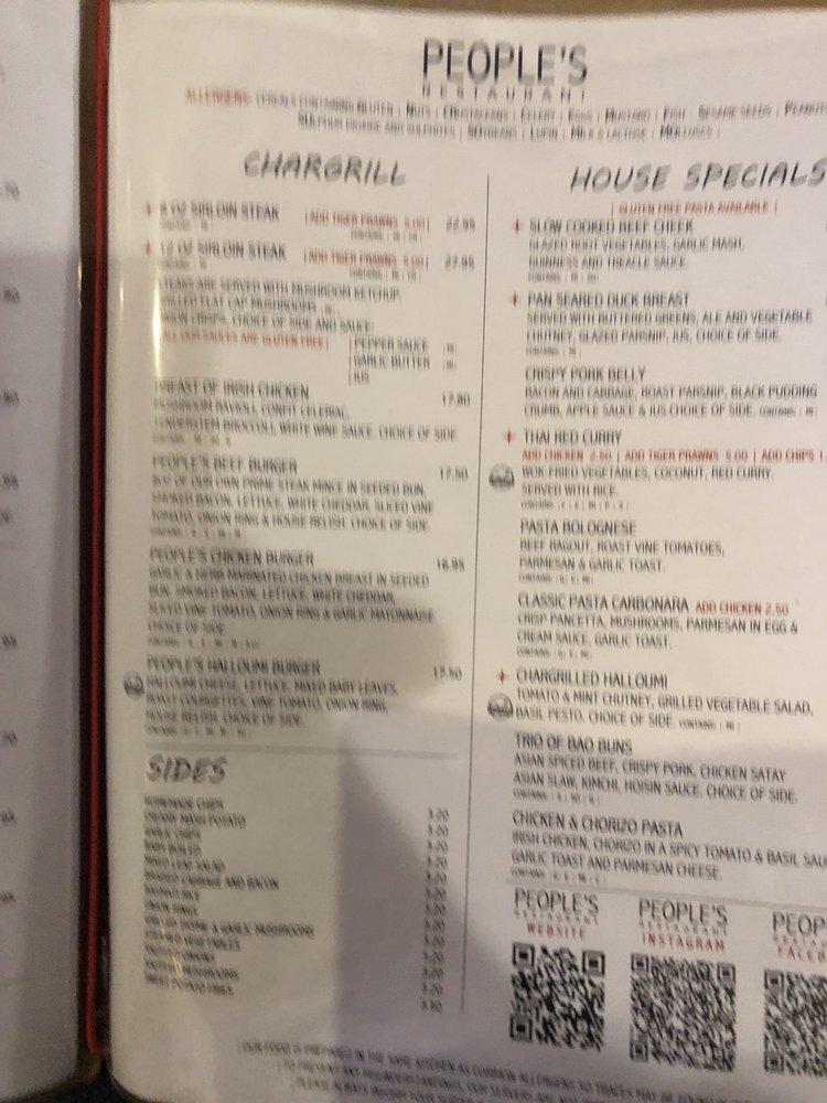 Carta de People's Restaurant, Cavan
