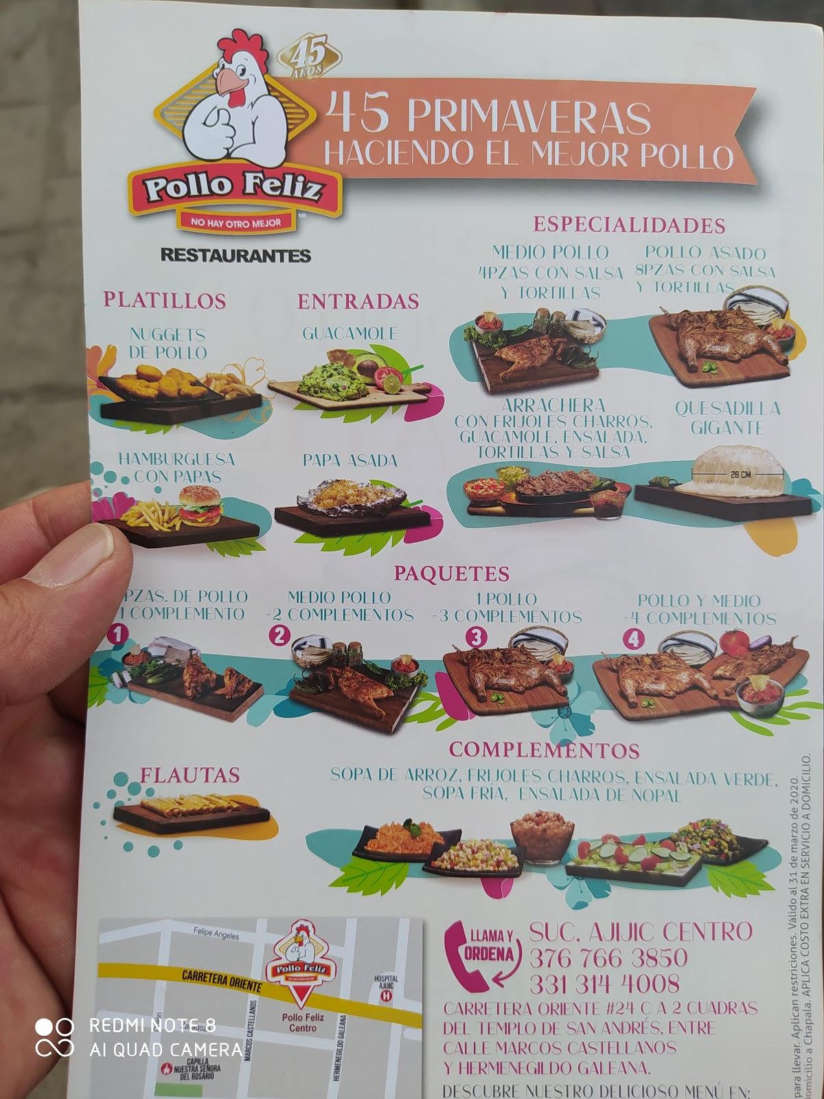 Carta del restaurante Pollo Feliz, Ajijic