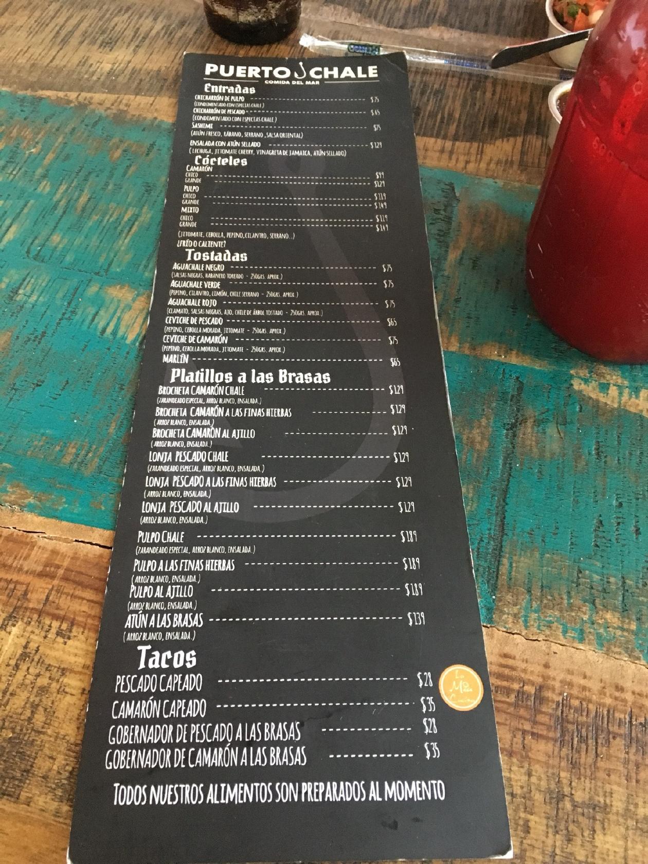Menu at Puerto Chale restaurant, Guadalajara
