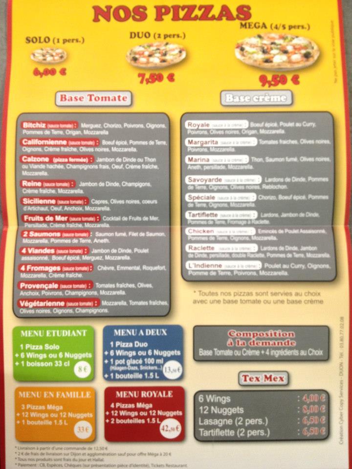 Menu at Royale pizza pizzeria, Dijon