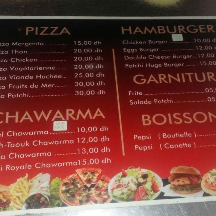Menu at Snack Potchi restaurant, El Jadida