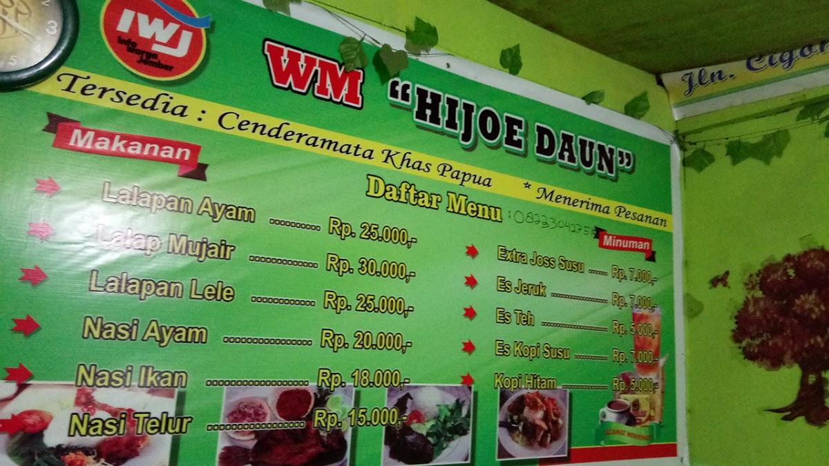 Menu at Waroeng Hijau Daun restaurant, Jayapura