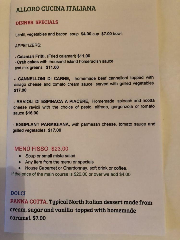 Menu at Alloro Cucina Italiana restaurant, Grass Valley