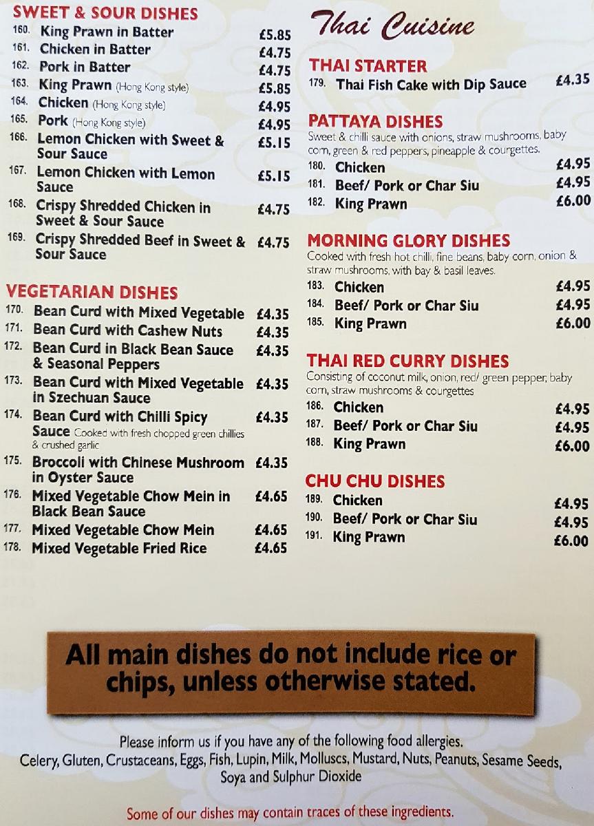 Menu at Dynasty, Broxburn