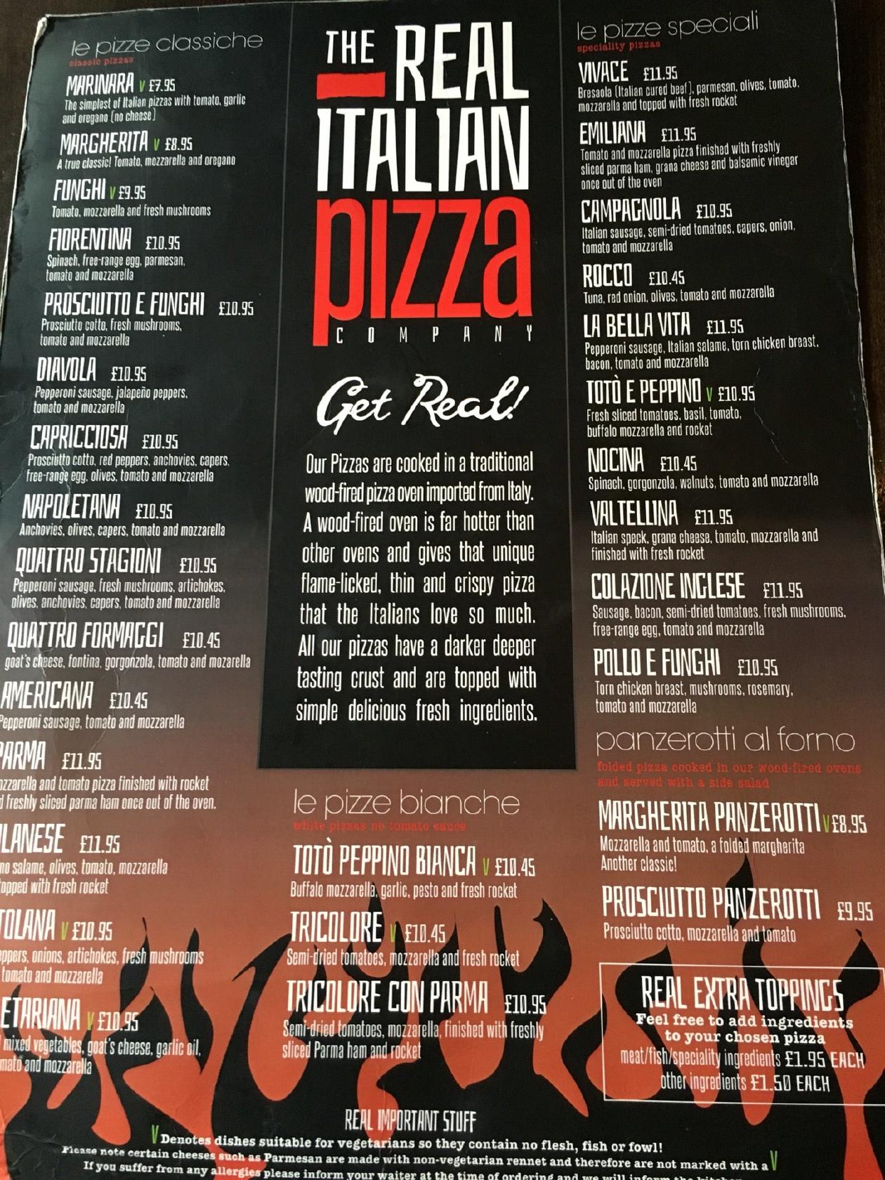 Menu at The Real Italian Pizza Co pizzeria, Bath