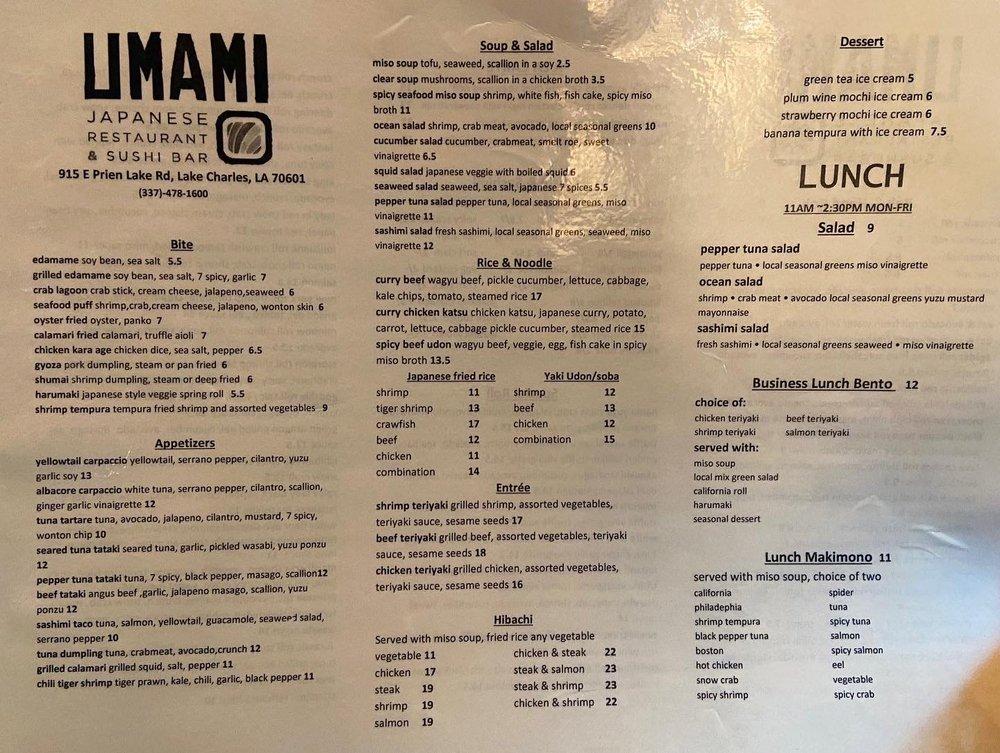 Menu at UMAMI Japanese Restaurant & Sushi Bar, Lake Charles