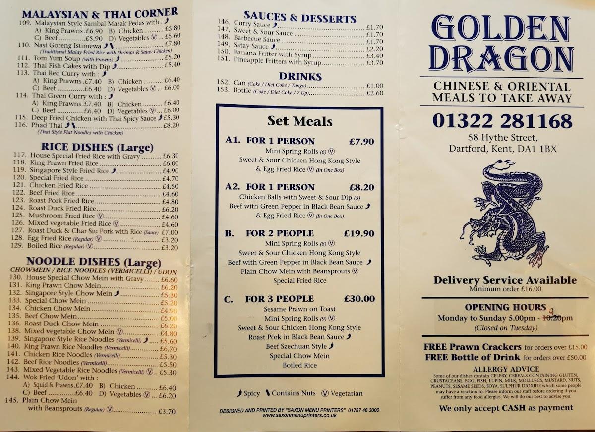 Menu at Golden Dragon restaurant, Dartford, 58 Hythe St