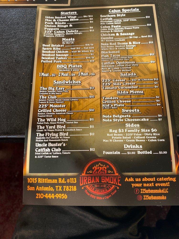 Menu at 225° Urban Smoke BBQ, San Antonio