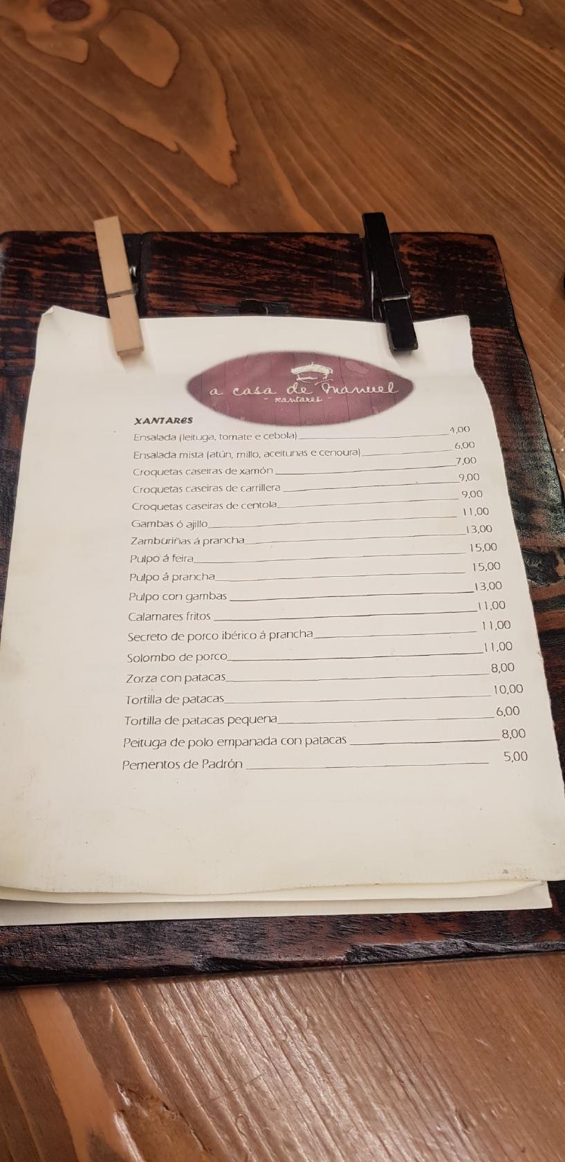 Carta de Bar A Casa de Manuel, Puebla del Caramiñal