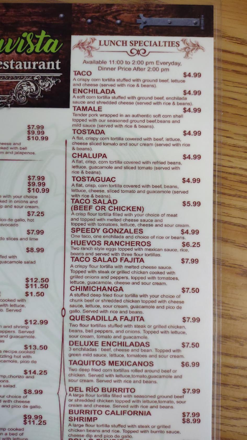 Menu at Buena Vista restaurant, Double Springs