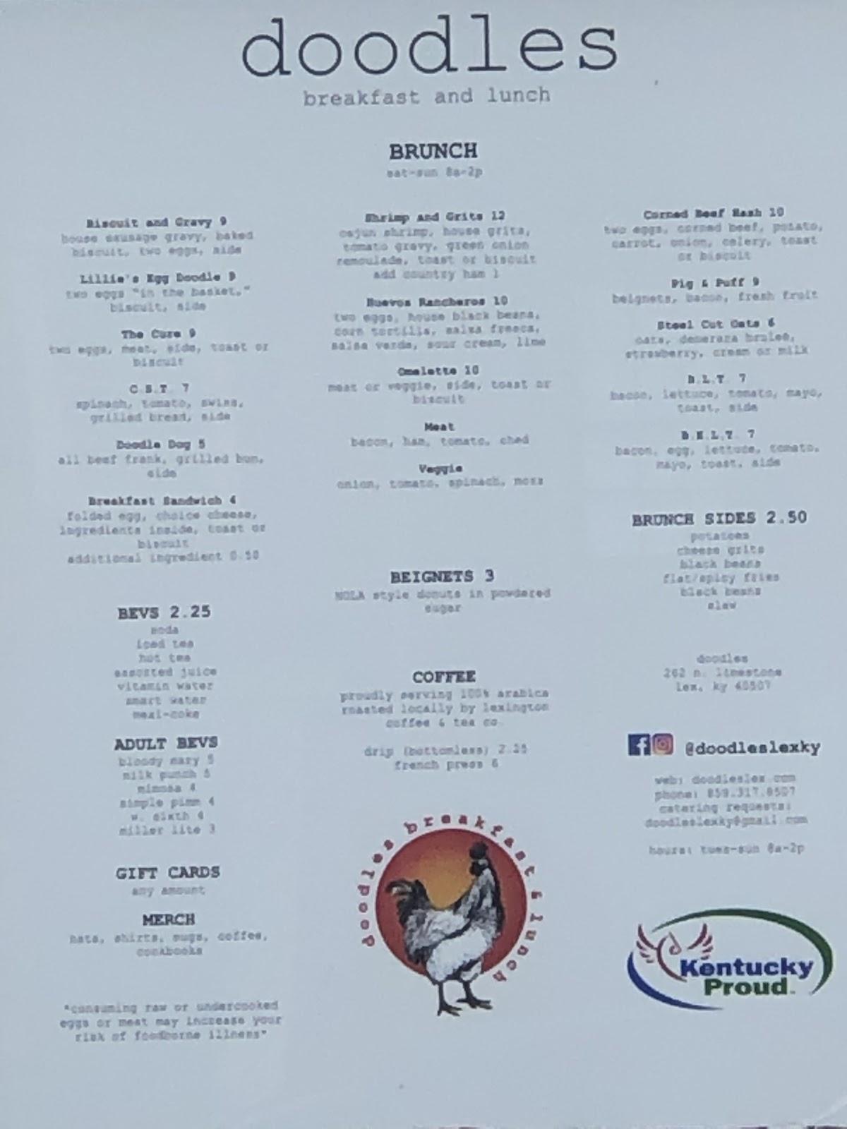 Menu at doodles breakfast and lunch restaurant, Lexington