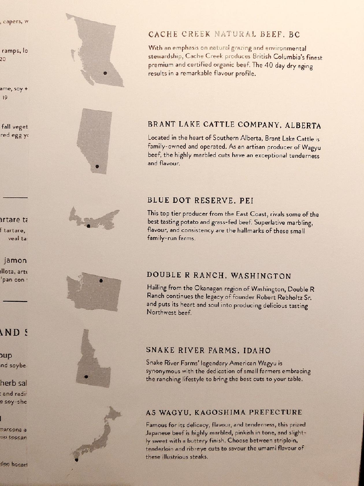 Menu at Elisa steakhouse, Vancouver