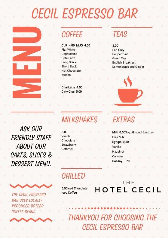 Menu at Hotel Cecil pub & bar, Casino