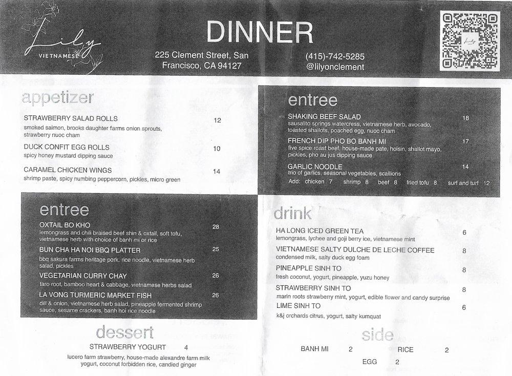 Menu at Lily restaurant, San Francisco