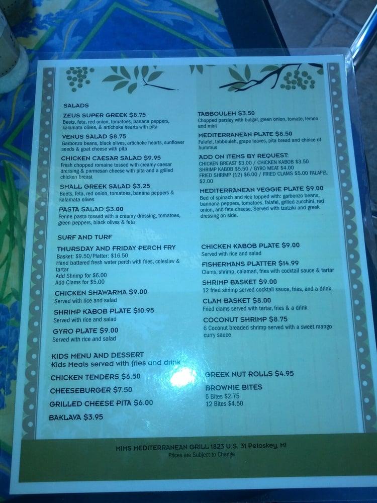 Menu at Mim's Mediterranean Grill restaurant, Petoskey