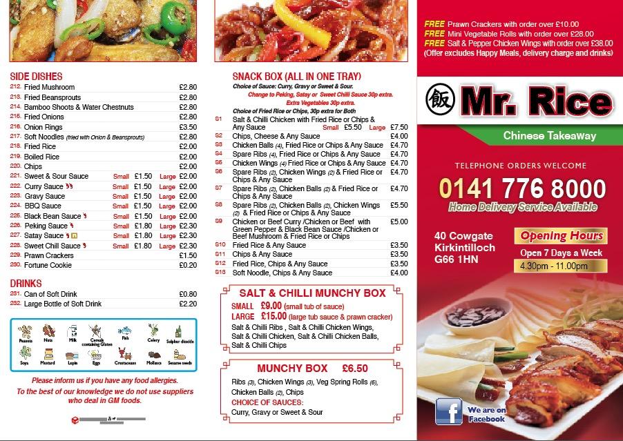 Menu at Mr Rice restaurant, Glasgow, 40 Cowgate