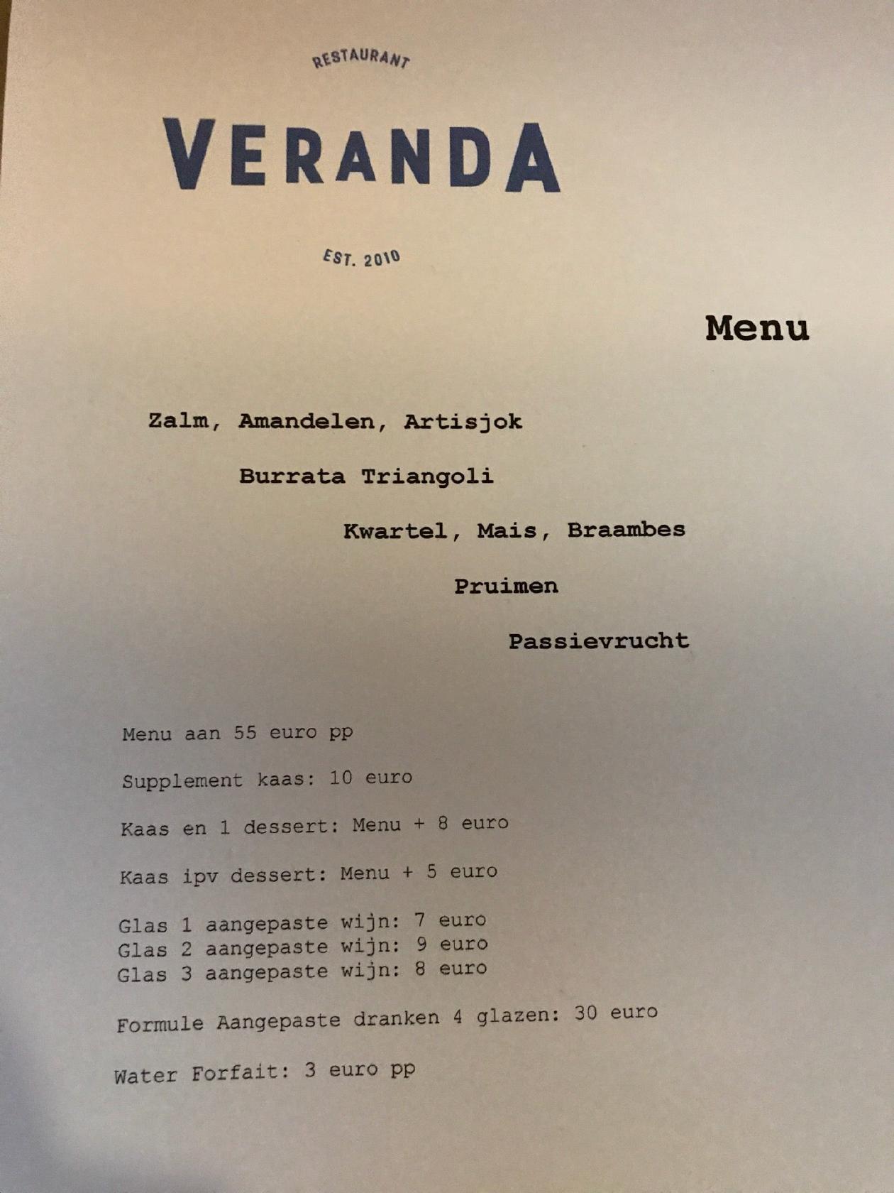 Menu at Restaurant Veranda, Antwerp, Lange Lobroekstraat 34