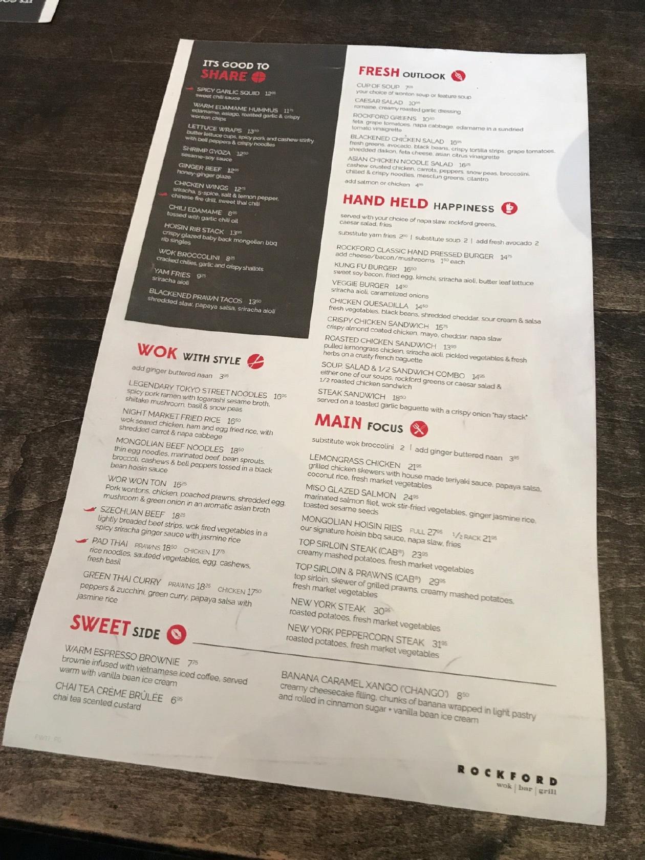 Menu at Rockford Grill restaurant, Prince George