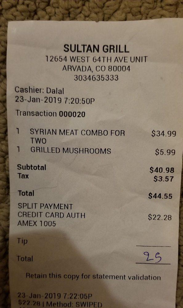 Menu at Sultan Grill restaurant, Arvada