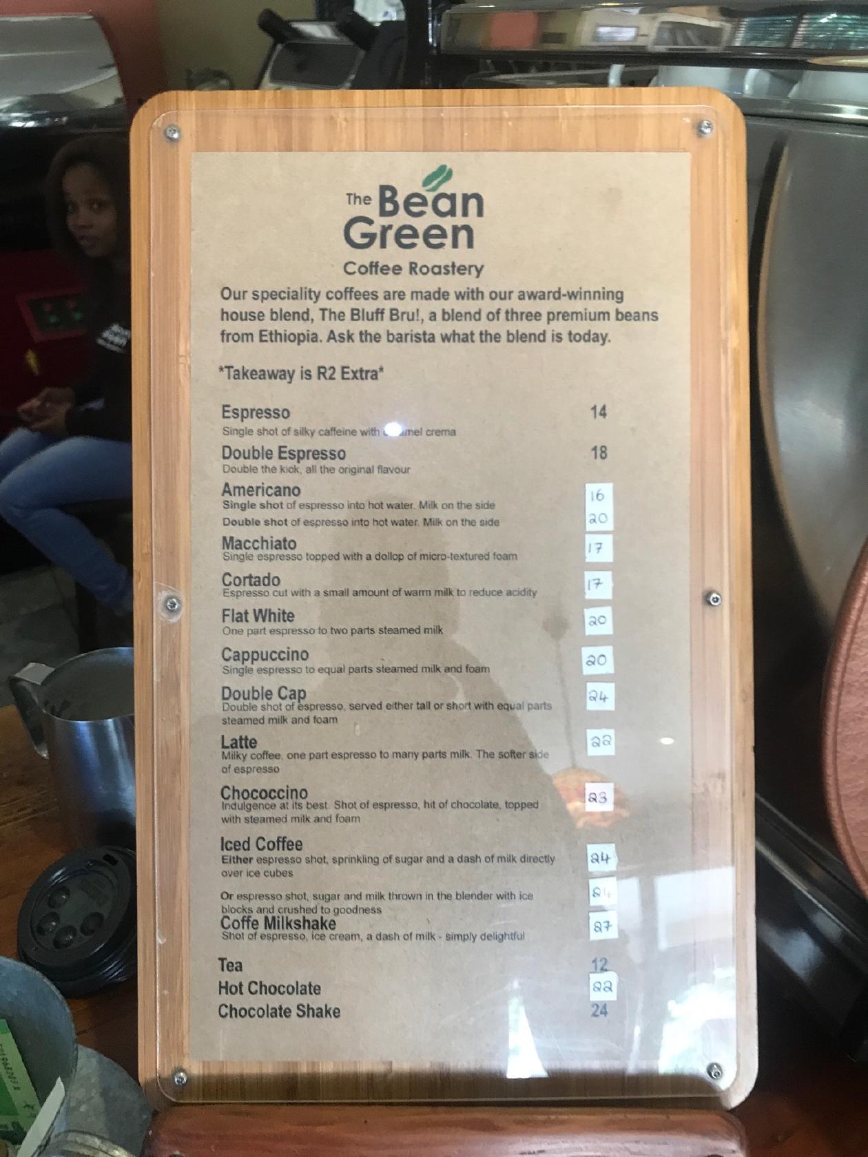Menu at The Bean Green Coffee Roastery. cafe, Durban