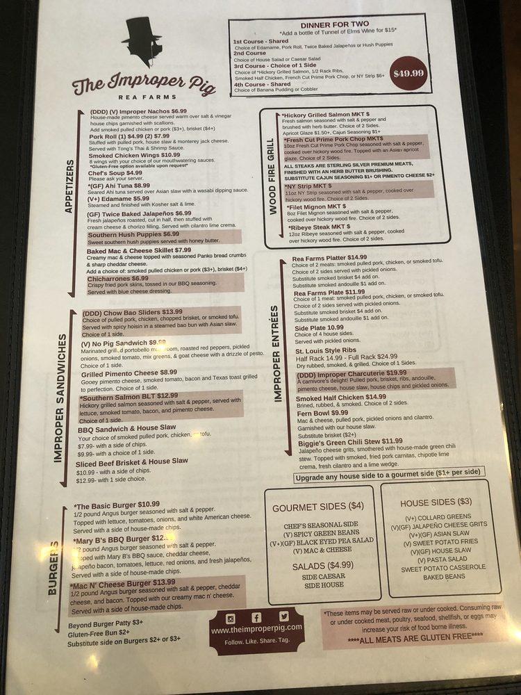Menu at The Improper Pig @ Rea Farms BBQ, Charlotte, Sandy Rock Pl A