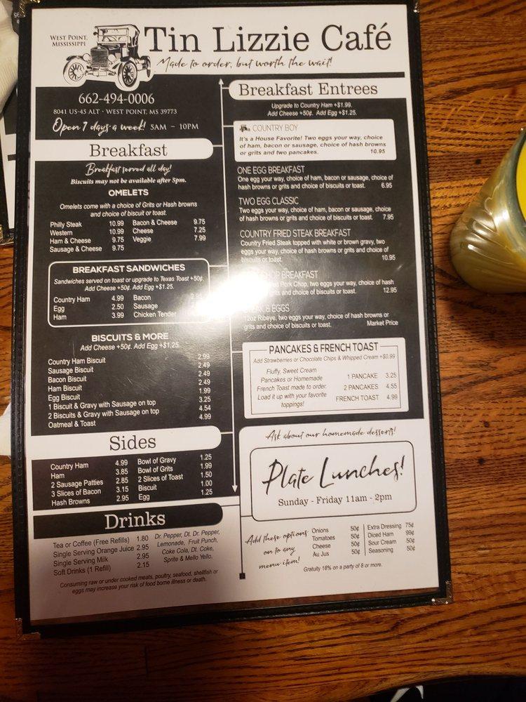 Menu at Tin Lizzie Cafe, West Point, US-45 ALT