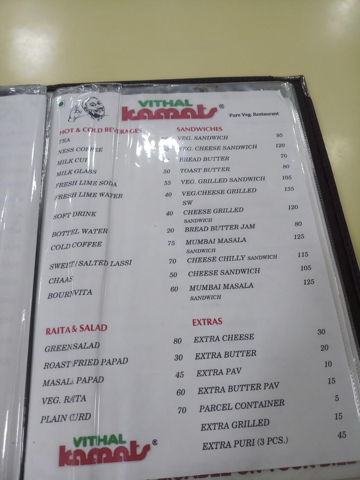 Menu at Vithal Kamat, Mahabaleshwar