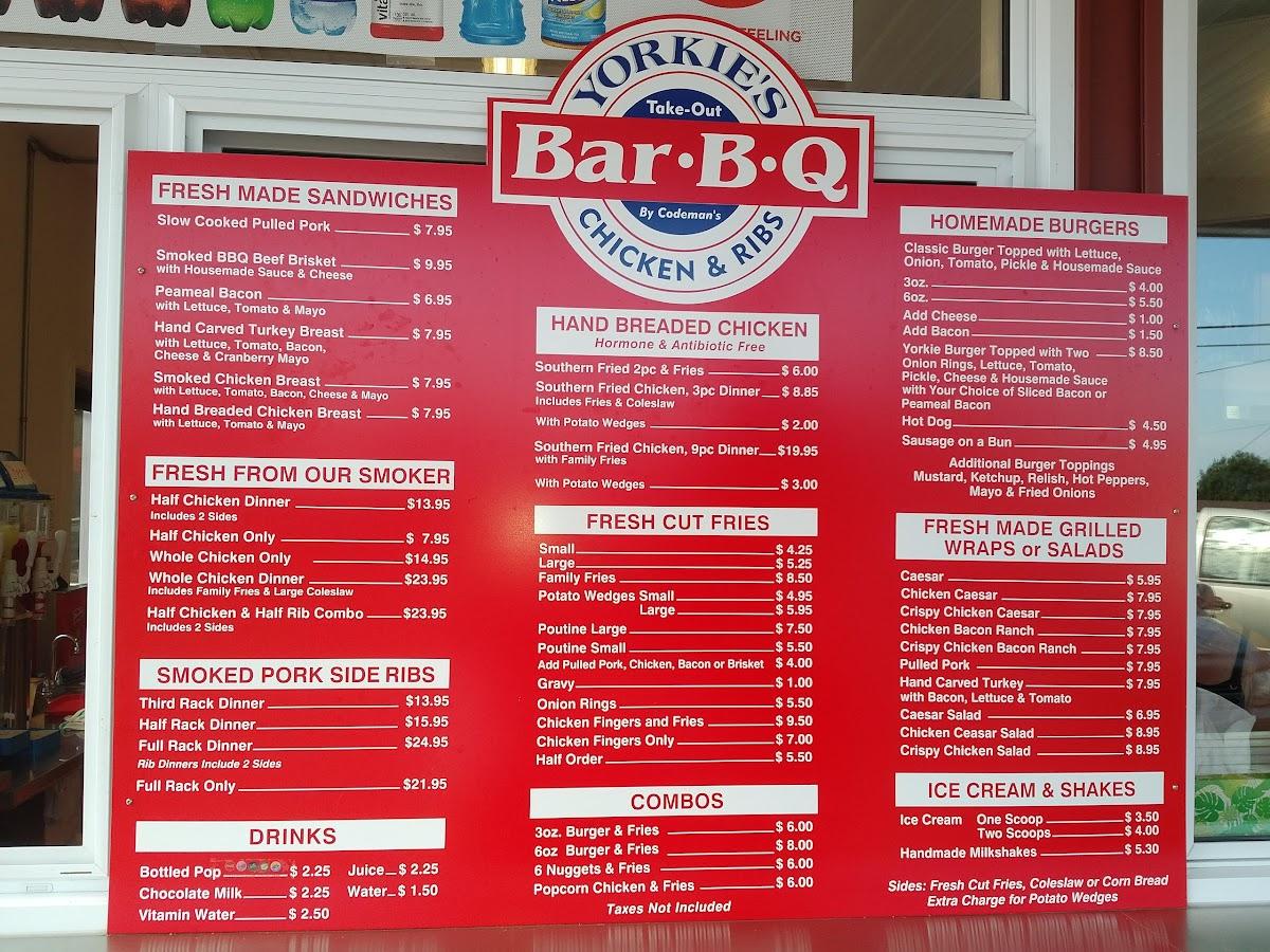 Menu at Yorkie's B-B-Q and Catering restaurant, Cobourg, 20 Carleton Blvd