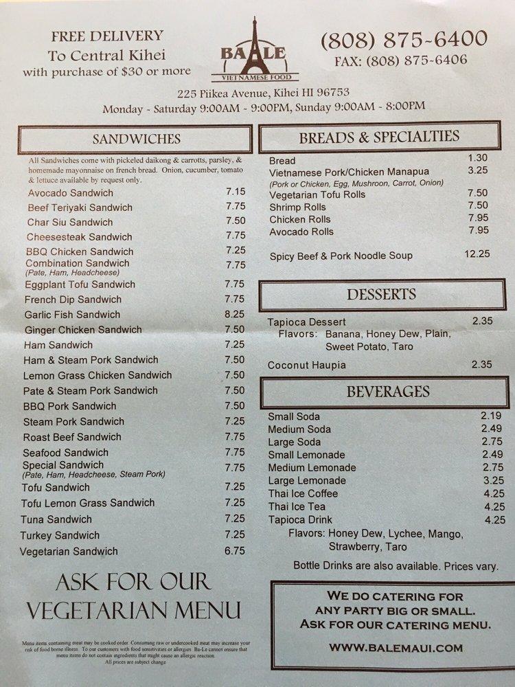 Menu at Ba-Le Sandwich Shop fast food, Wailuku