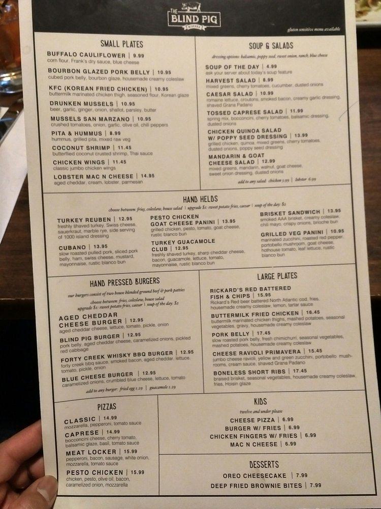 Menu at Blind Pig pub & bar, Niagara Falls