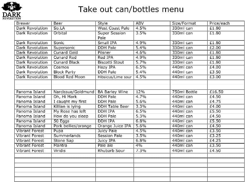 Menu at Dark Revolution Brewery pub & bar, Salisbury