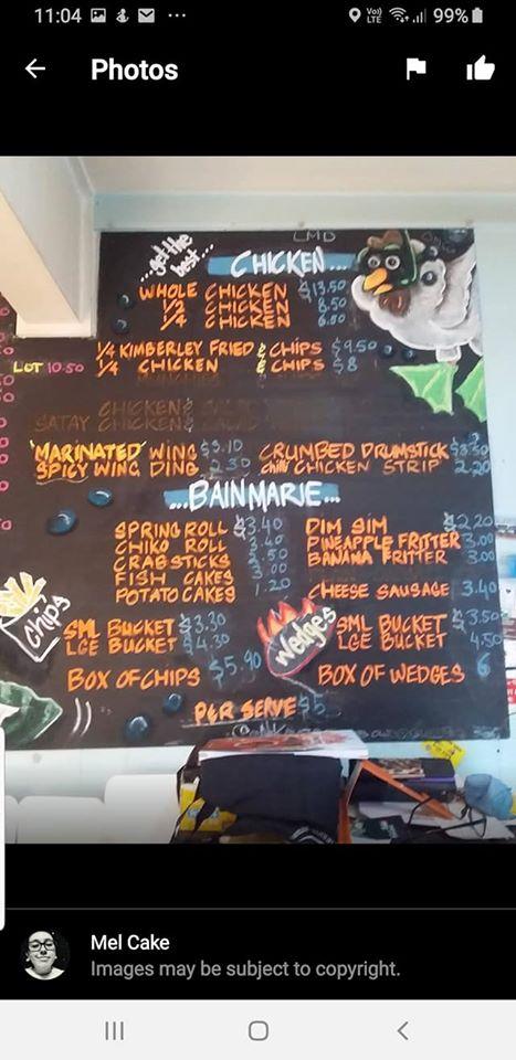 Menu at Maca's Takeaway restaurant, Broome, 27 Saville St