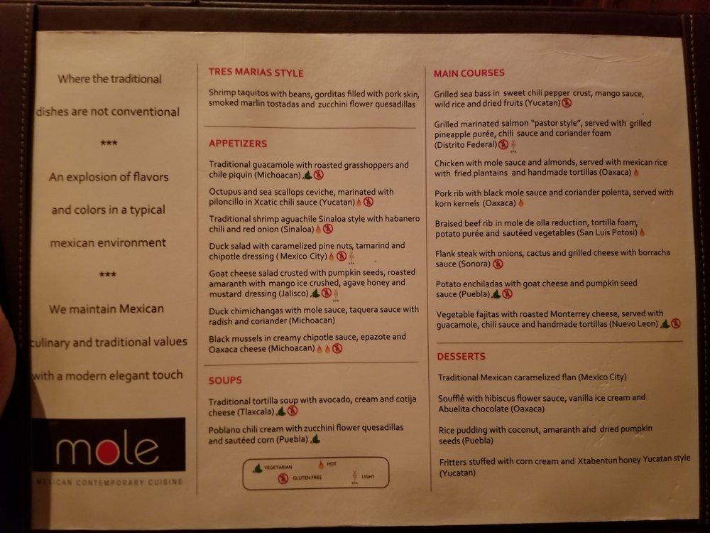 Menu at Mole restaurant, Playa del Carmen