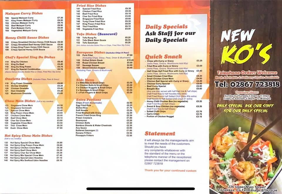 Menu at New Ko's Chinese restaurant, Lisnaskea