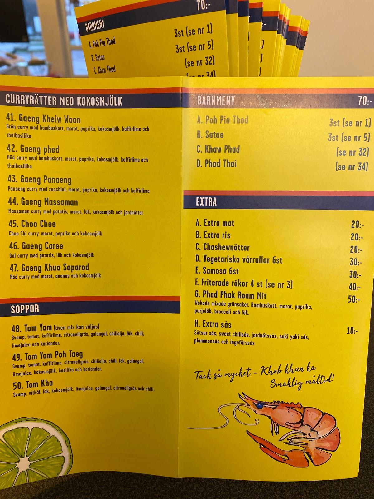 Menu at Somboon Thai Takeaway restaurant, Rimbo