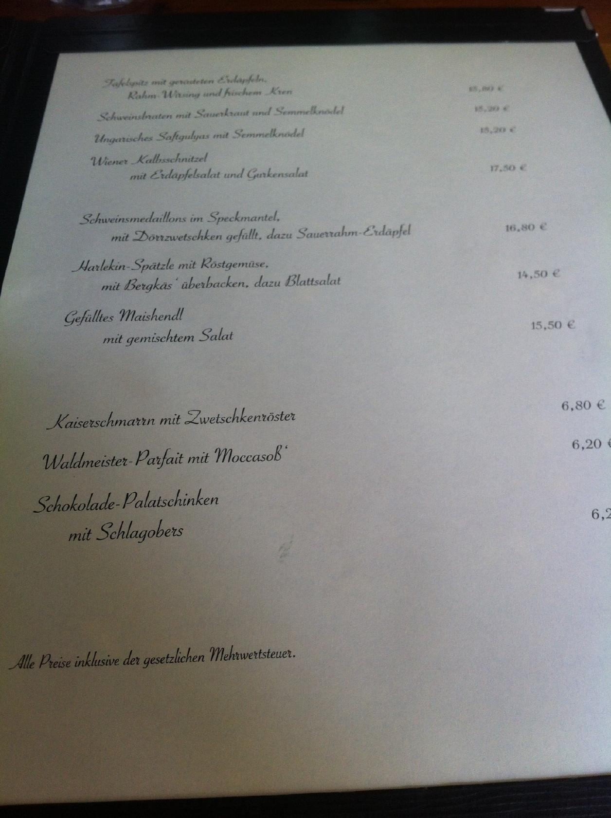 Speisekarte von Gasthaus Alt Wien, Berlin restaurant, Berlin