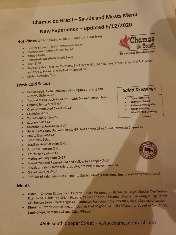 Menu at Chamas do Brazil steakhouse, Arlington